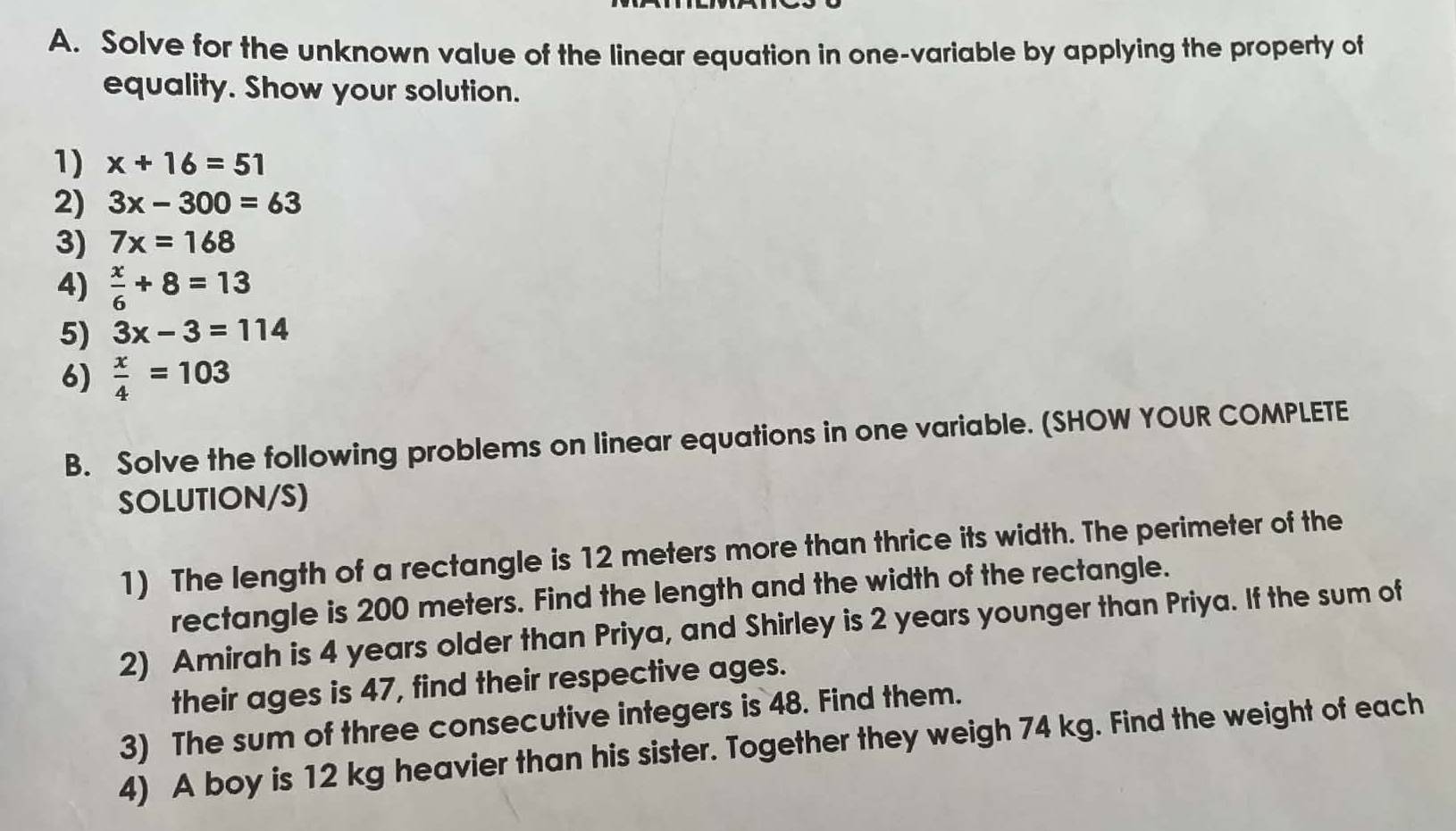 Solved: Solve for the unknown value of the linear equation in one ...