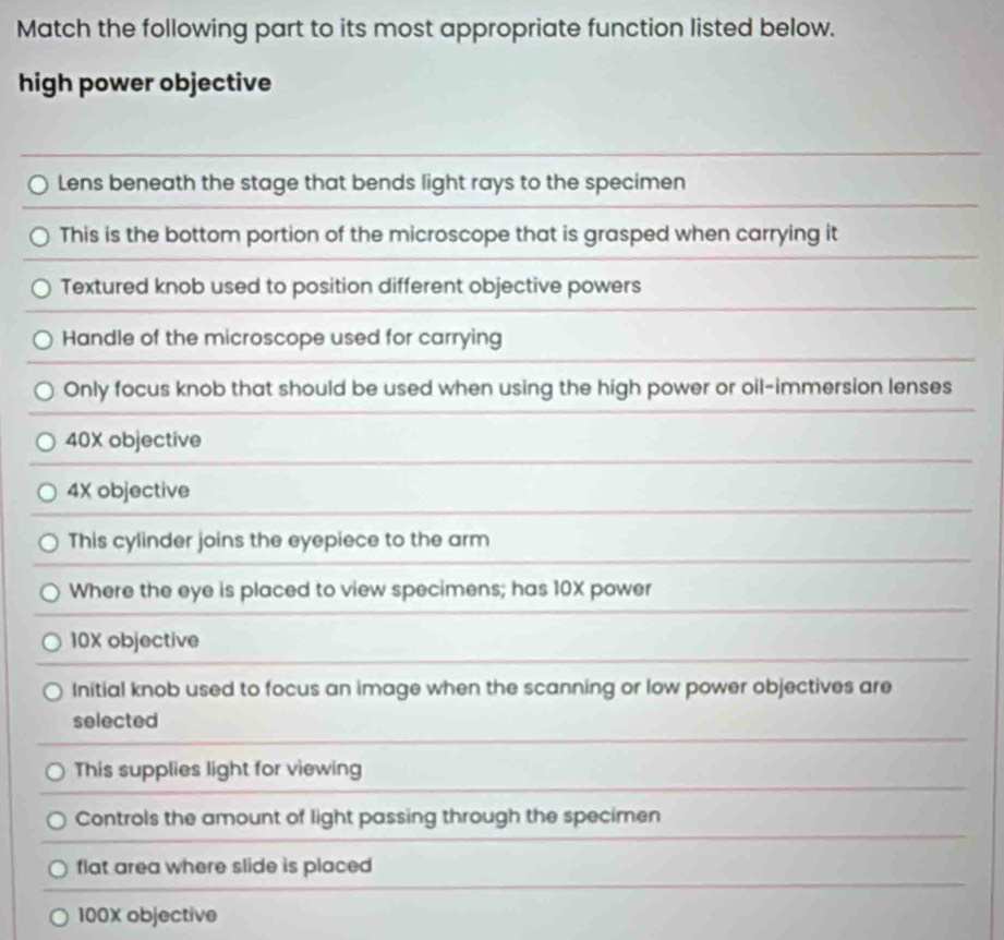 Solved: Match the following part to its most appropriate function ...
