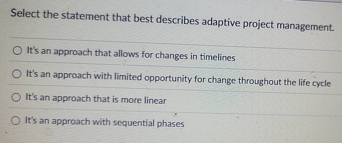 Solved: Select the statement that best describes adaptive project ...