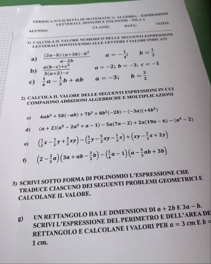 Risolto:VERIFICA Nº SCRITTA DI MATEMATICA: ALGEBRA - ESPRESSIONI ...