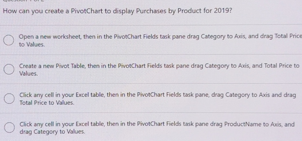 Resuelto:How can you create a PivotChart to display Purchases by ...