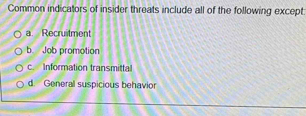 Solved: Common indicators of insider threats include all of the following except: a. Recruitment ...
