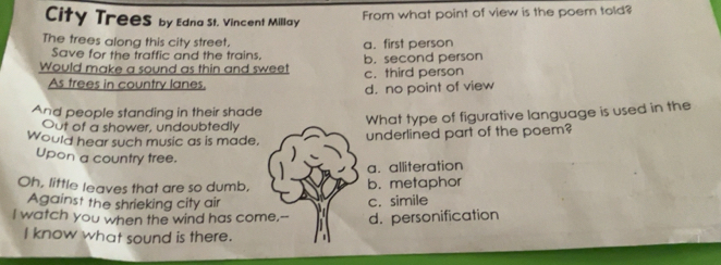 Solved: City Trees by Edna St. Vincent Millay From what point of view ...