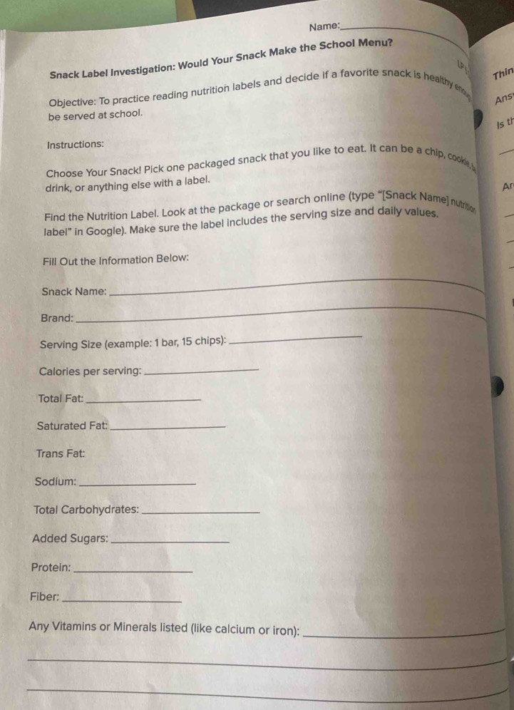Solved: Name:_ Snack Label Investigation: Would Your Snack Make the ...