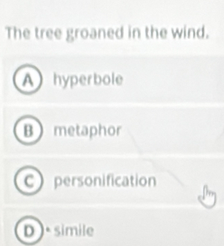 Solved: The tree groaned in the wind. A hyperbole Bmetaphor ...