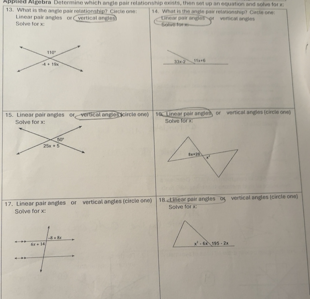 Solved: Applied Algebra Determine which angle pair relationship exists ...