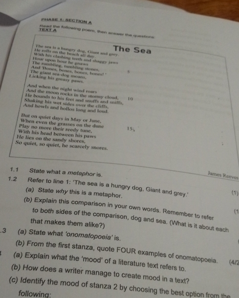 Solved: PHASE 1: SECTION A TEXT A Read the following poem, then answer ...