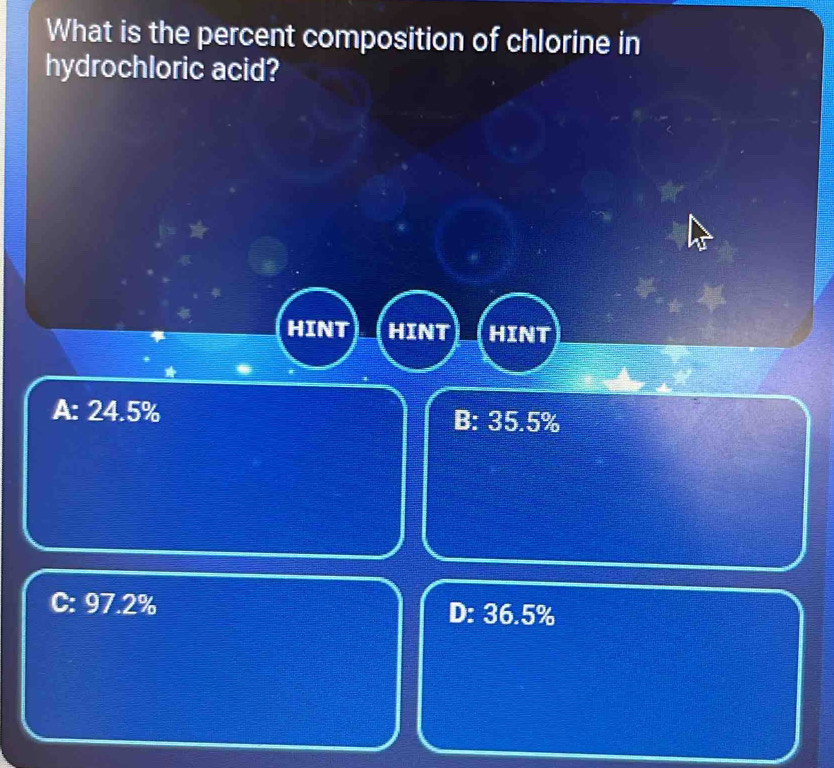 Solved: What is the percent composition of chlorine in hydrochloric ...