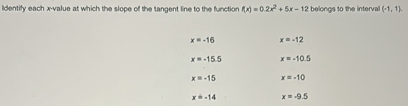 Solved: Identify each x -value at which the slope of the tangent line ...