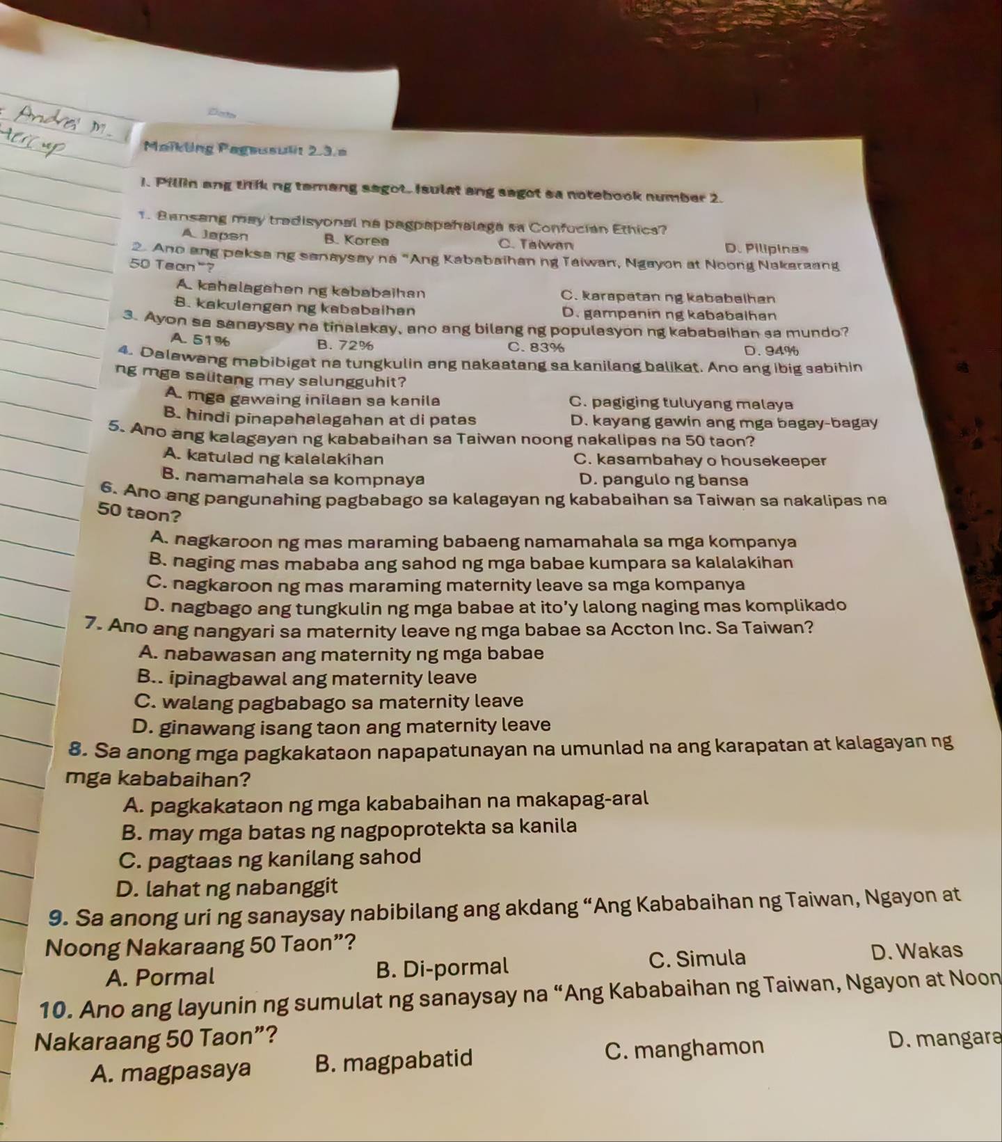 Solved: Destos Maikling Pagsusulit 2.3.a 1. Pillin ang titik ng tamang ...