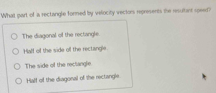 Solved: What part of a rectangle formed by velocity vectors represents ...