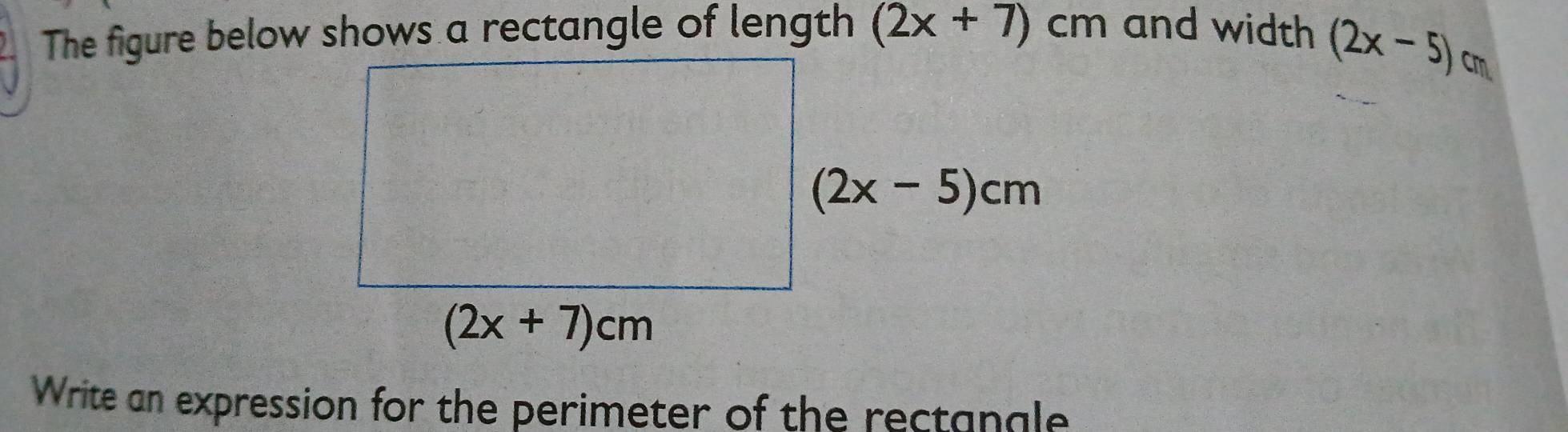 Solved: The figure below shows a rectangle of length (2x+7)cm and width ...