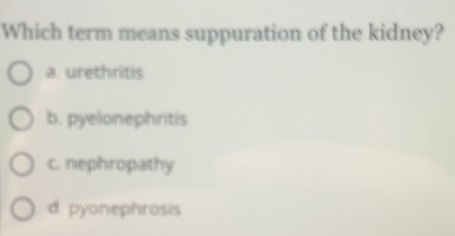 Solved: Which term means suppuration of the kidney? a. urethritis b ...