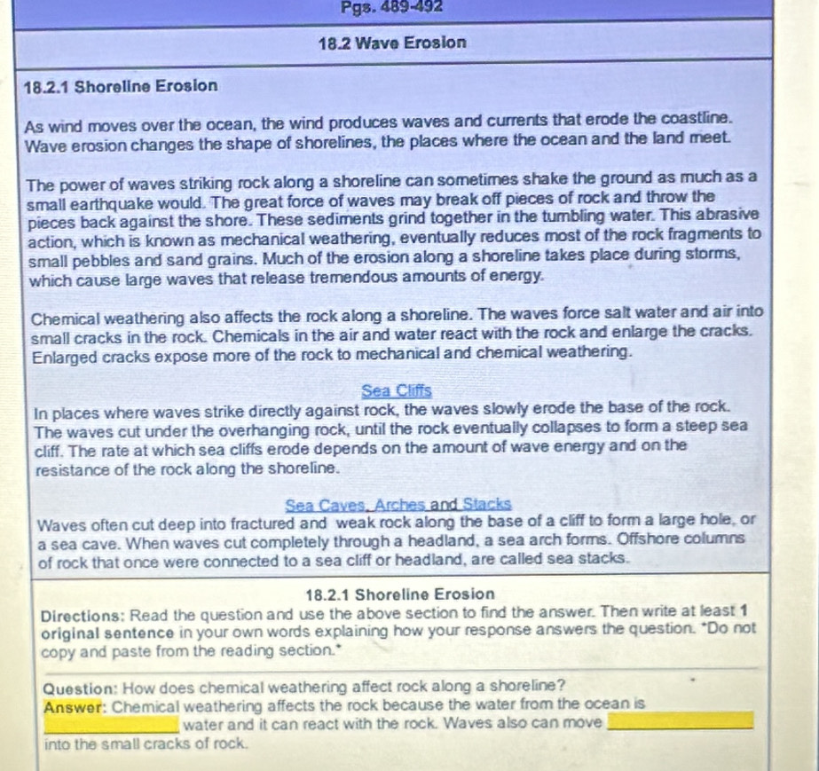Solved: Pgs. 489-492 18.2 Wave Erosion 18.2.1 Shoreline Erosion As wind ...