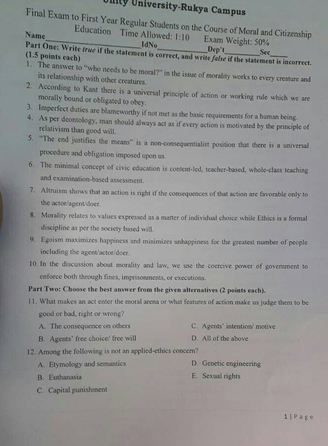 Solved: Unity University-Rukya Campus Final Exam to First Year Regular ...