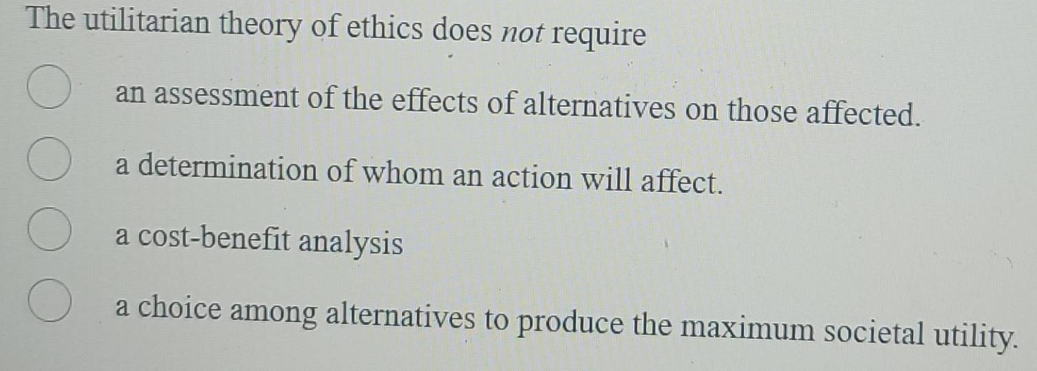 Solved: The utilitarian theory of ethics does not require an assessment ...