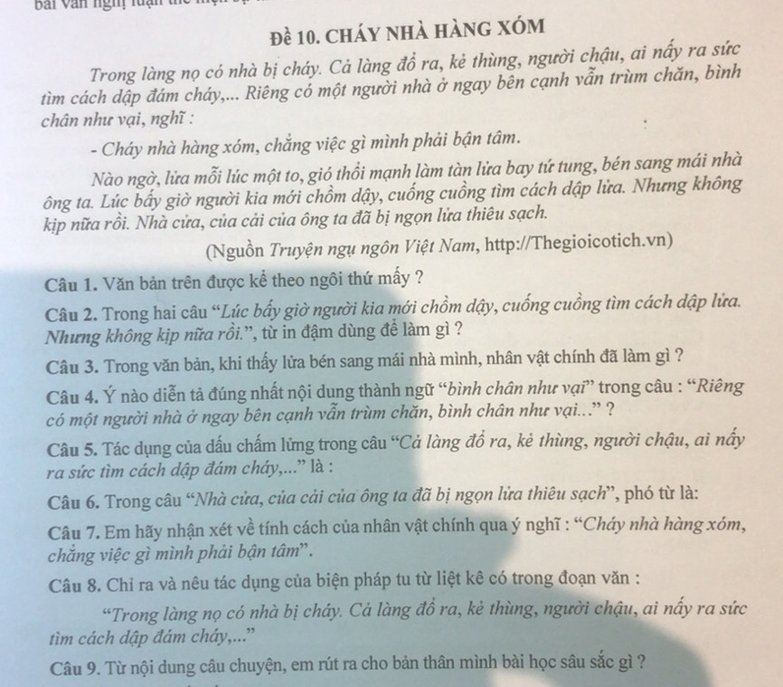Giải quyết:Bái văn nghị luạn đề 10. cháy nhà hàng xóm Trong làng nọ có ...