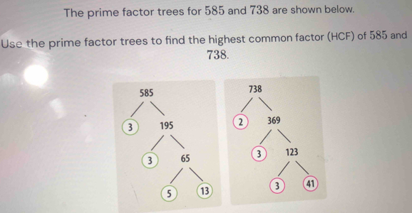 Solved: The prime factor trees for 585 and 738 are shown below. Use the ...