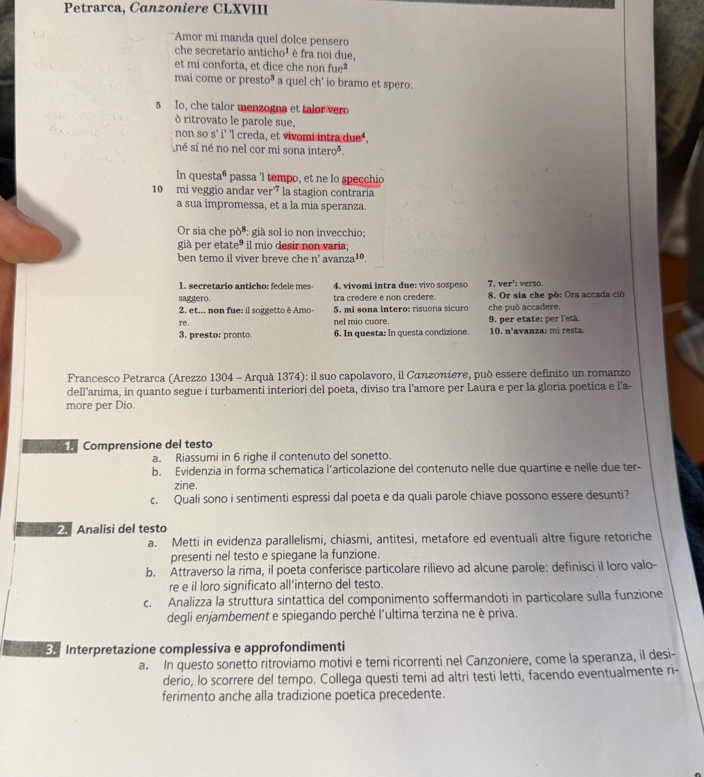 Risolto:Petrarca, Canzoniere CLXVIII Amor mi manda quel dolce pensero ...