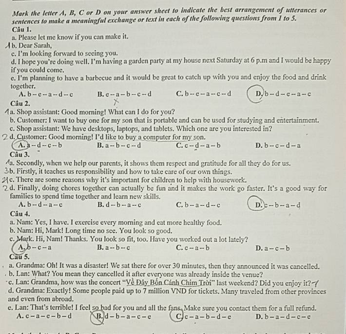 Giải quyết:Mark the letter A, B, C or D on your answer sheet to ...