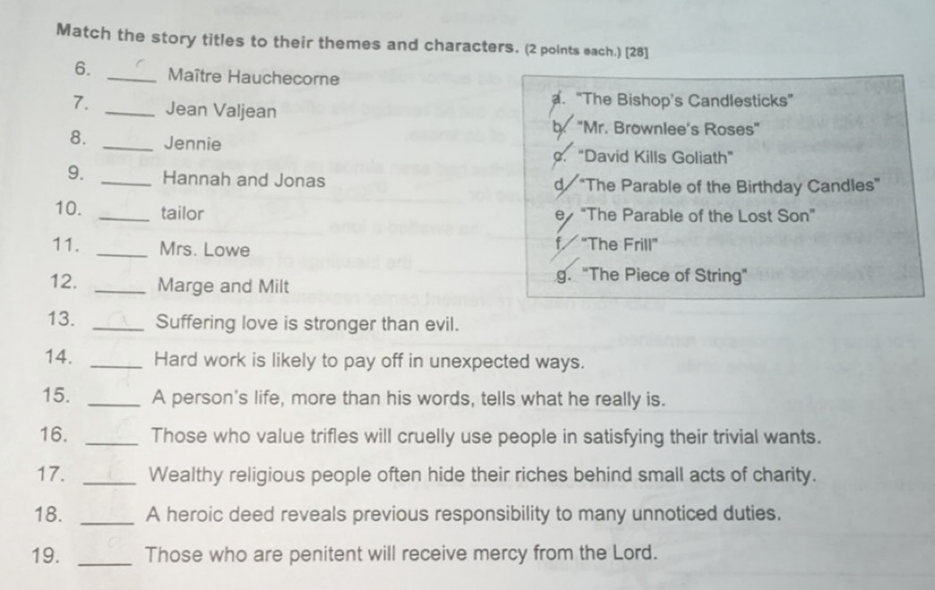 Solved: Match the story titles to their themes and characters. (2 ...