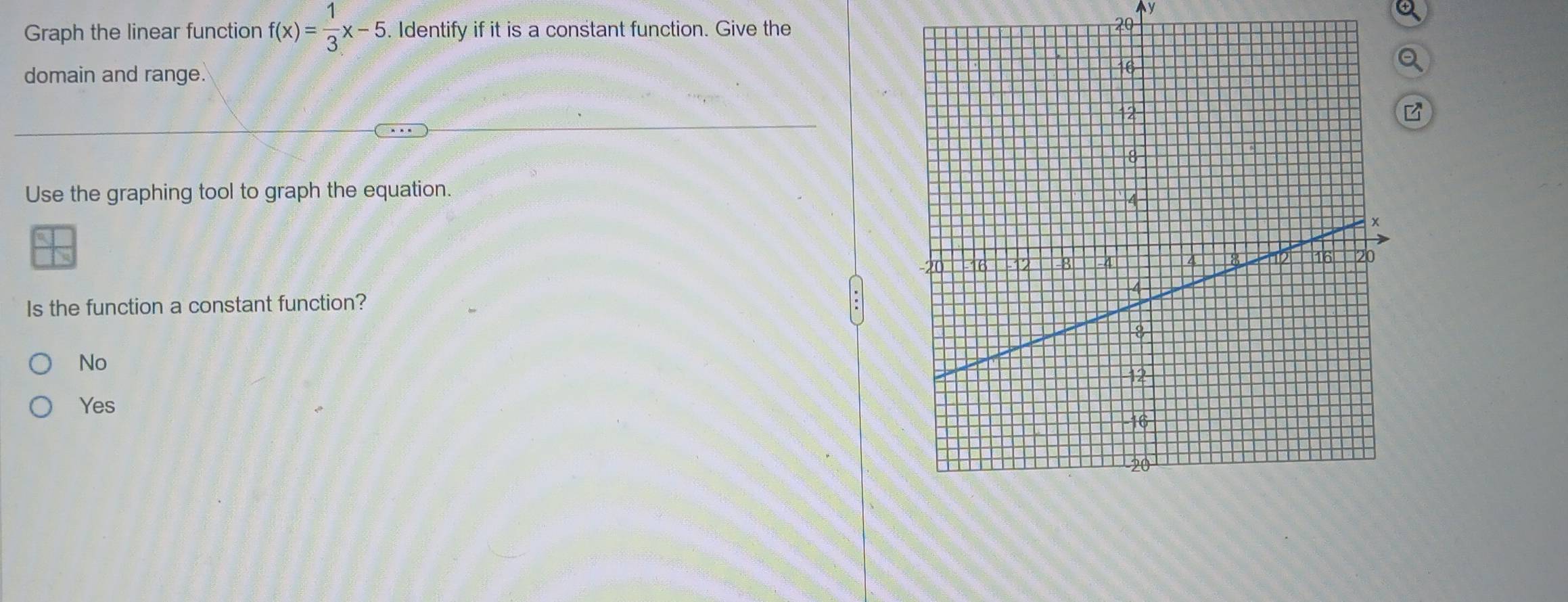 Solved: Ay Graph the linear function f(x)= 1/3 x-5. Identify if it is a ...