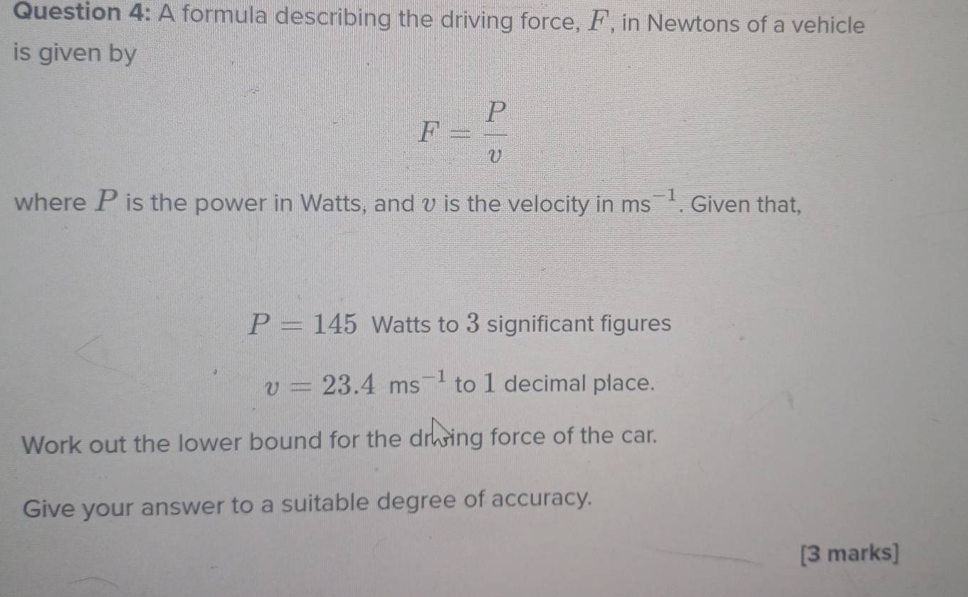 Solved: A formula describing the driving force, F, in Newtons of a ...