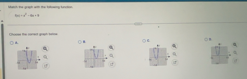 Solved: Match the graph with the following function. f(x)=x^2-6x+9 ...