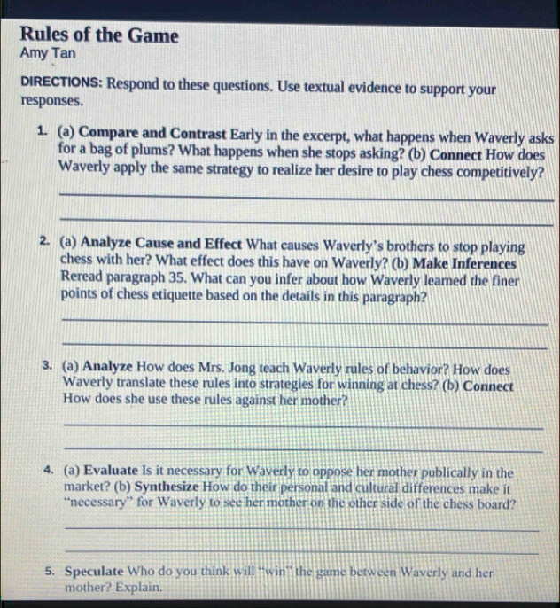 Solved: Rules of the Game Amy Tan DIRECTIONS: Respond to these ...