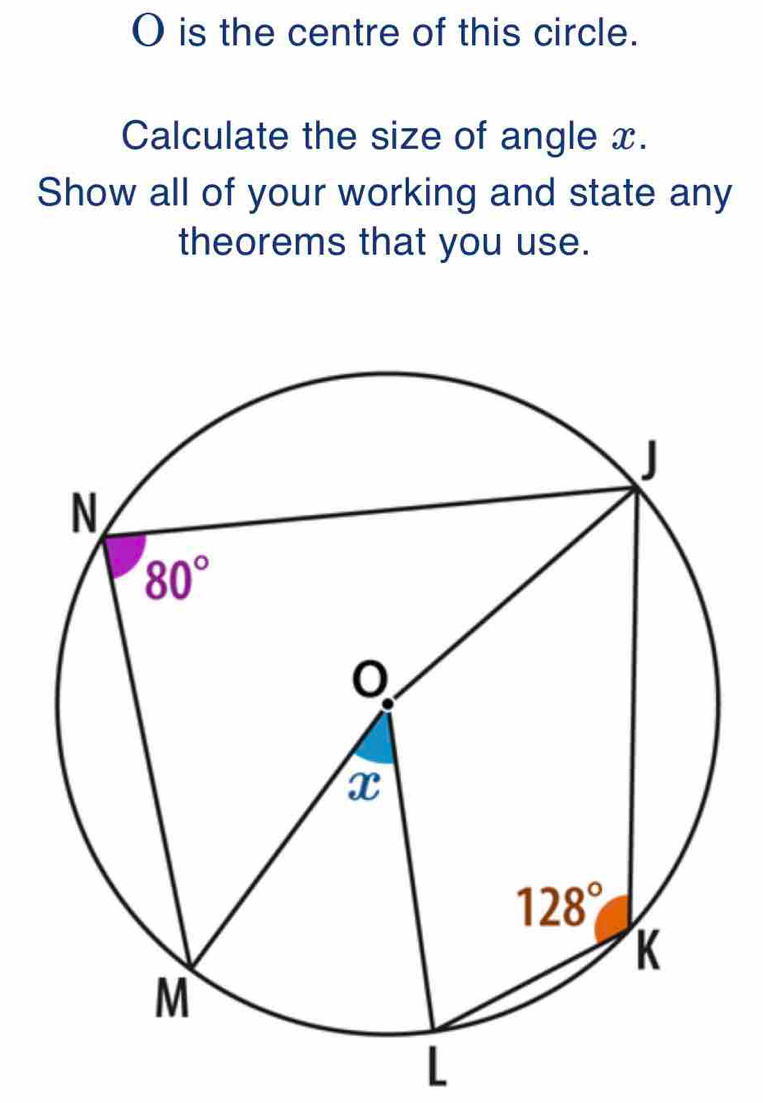 Solved: is the centre of this circle. Calculate the size of angle x. Show all of your working ...
