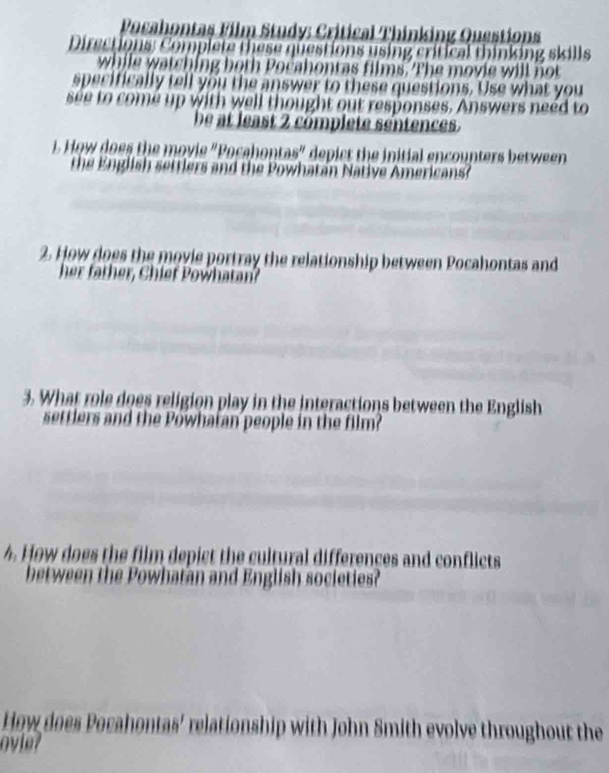 Solved: Pocahontas Film Study: Critical Thinking Questions Directions ...
