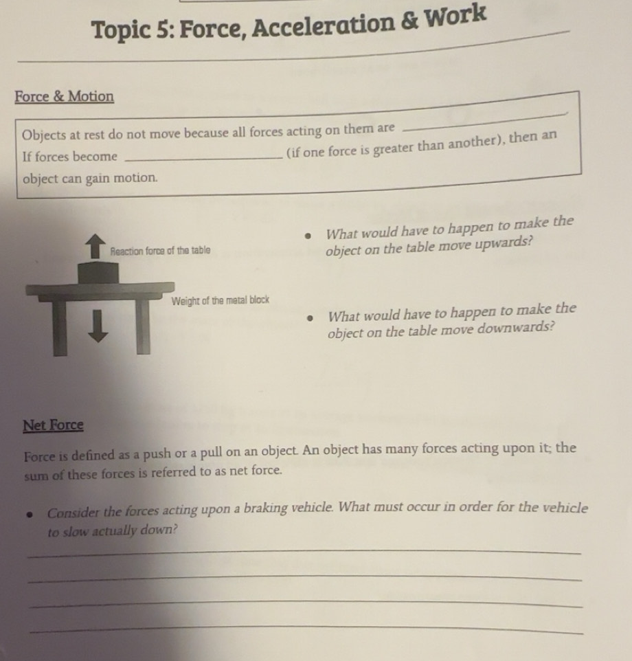 Solved: Topic 5: Force, Acceleration & Work _ Force & Motion ...