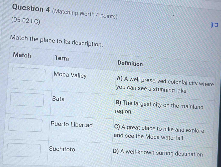 Solved: (Matching Worth 4 points) (05.02 LC) Match the place to [Others]