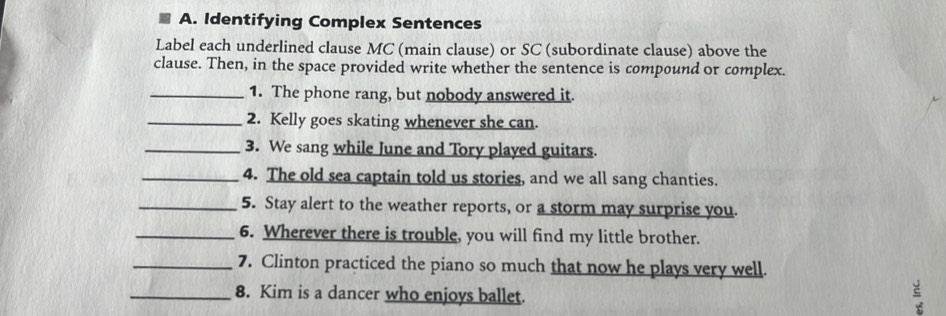 Solved: Identifying Complex Sentences Label each underlined clause MC ...