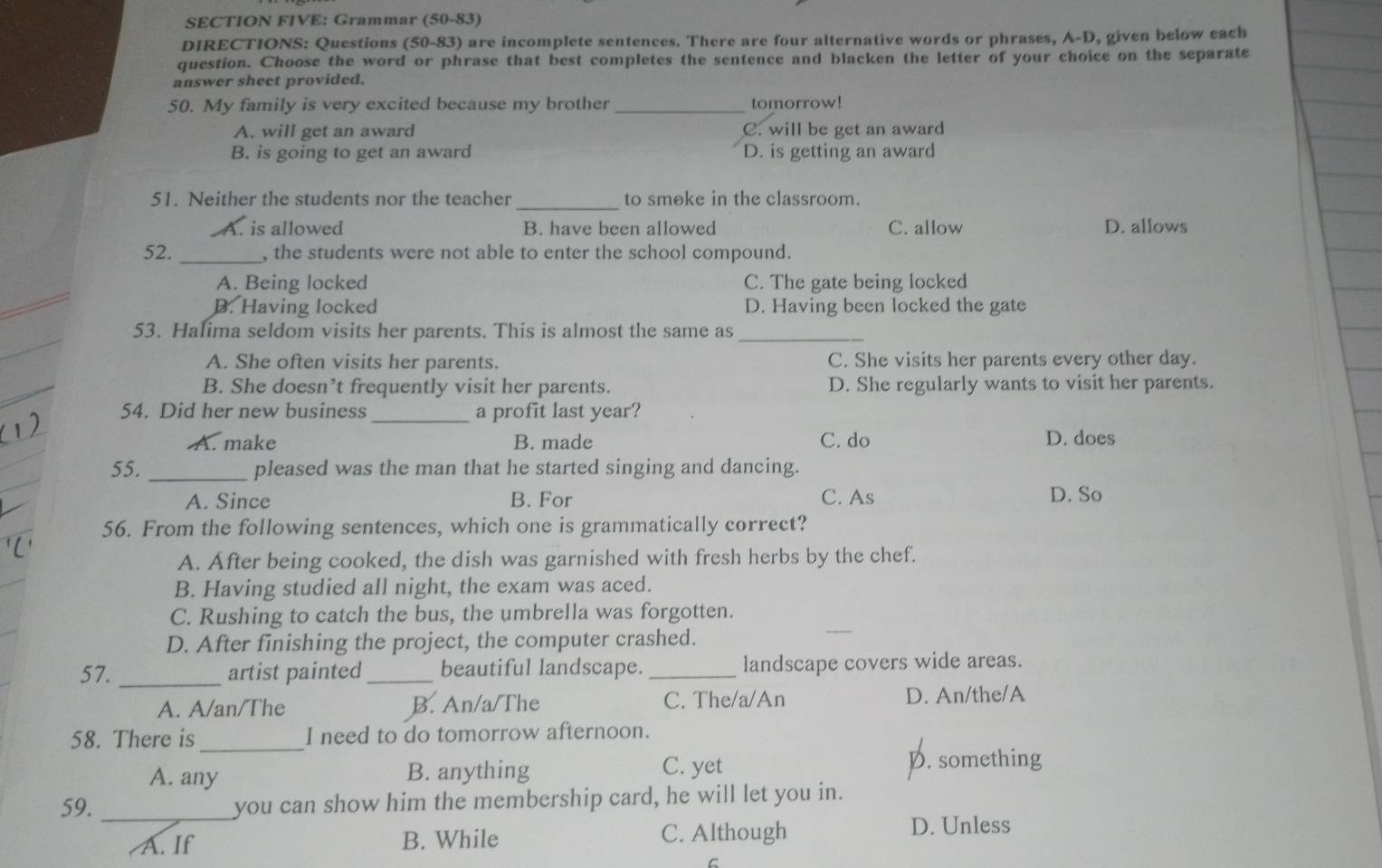 Solved: SECTION FIVE: Grammar (50-83) DIRECTIONS: Questions (50-83) are ...