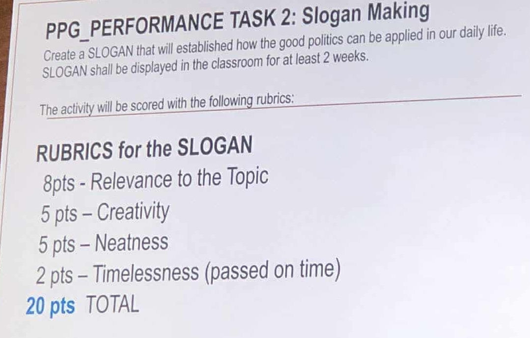 Solved: PPG_PERFORMANCE TASK 2: Slogan Making Create a SLOGAN that will ...