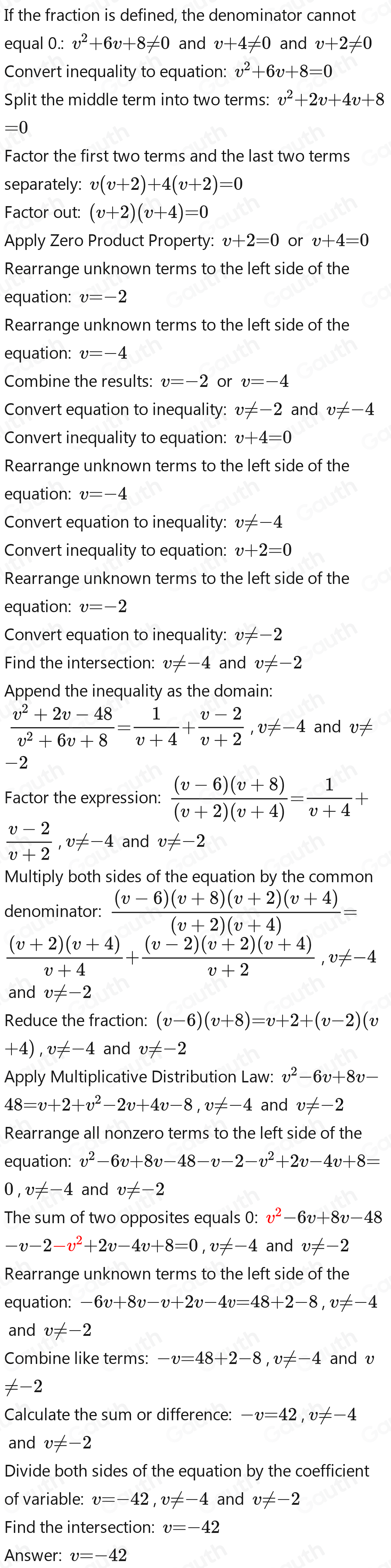 Solved: solve the rational equation. (v^2+2v-48)/v^2+6v+8 = 1/v+4 + (v-2)/v+2 [Math]