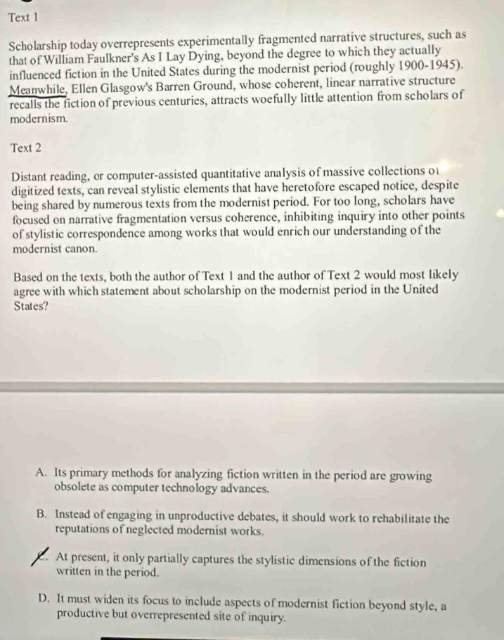 Solved: Text 1 Scholarship today overrepresents experimentally ...