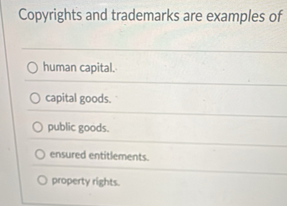 Solved: Copyrights and trademarks are examples of human capital ...