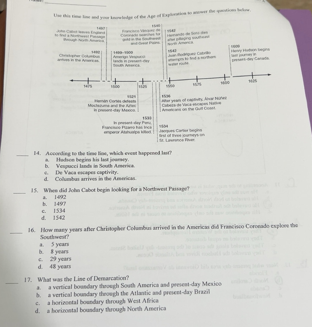 Solved: Use this time line and your knowledge of the Age of Exploration ...