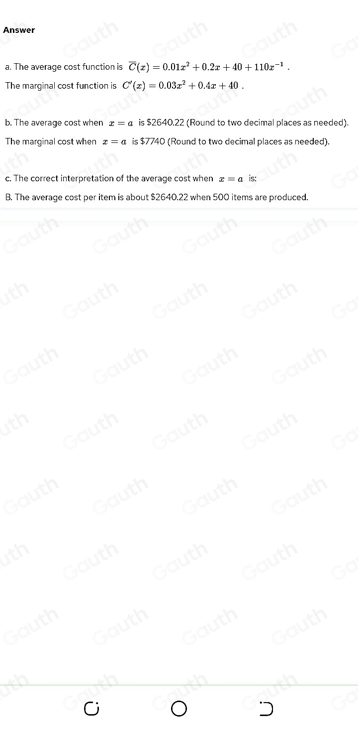 Solved: Consider the following cost function. a. Find the average cost ...