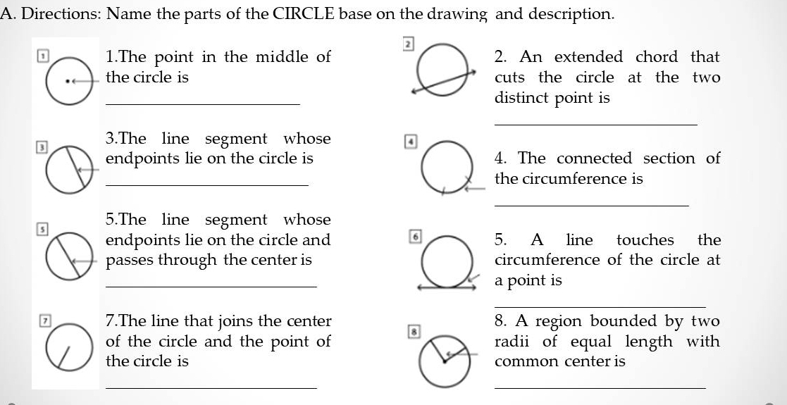 Solved: Directions: Name the parts of the CIRCLE base on the drawing ...