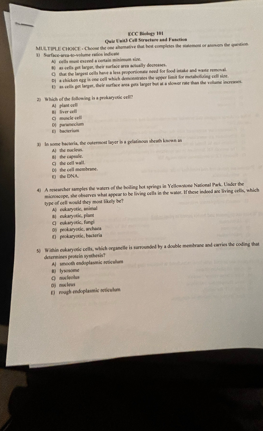 Solved: ECC Biology 101 Quiz Unit3 Cell Structure and Function MULTIPLE ...
