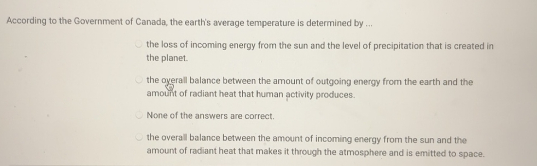 Solved: According to the Government of Canada, the earth's average ...