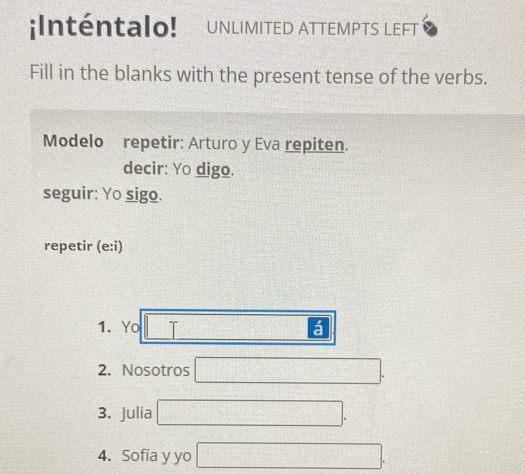 Solved: ¡Inténtalo! UNLIMITED ATTEMPTS LEFT Fill in the blanks with the ...