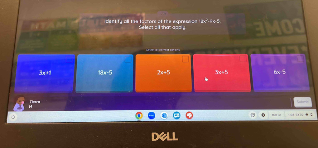 Solved: Identify all the factors of the expression 18x^2-9x-5. Select ...