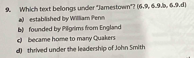 Solved: Which text belongs under “Jamestown”? (6.9, 6.9.b, 6.9.d) a ...