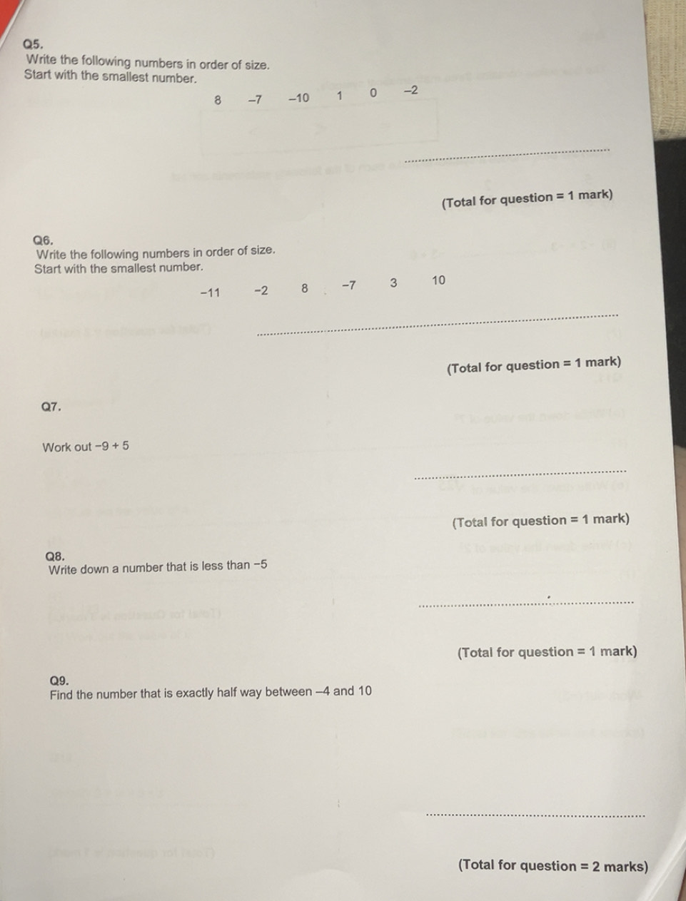 Solved: Write the following numbers in order of size. Start with the smallest number. 8 -7 -10 1 ...