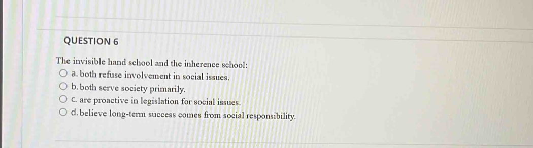 Solved: The invisible hand school and the inherence school: a. both ...