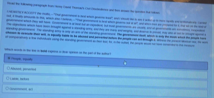 Solved: Read the following paragraph from Henry David Thoreau's Civil ...